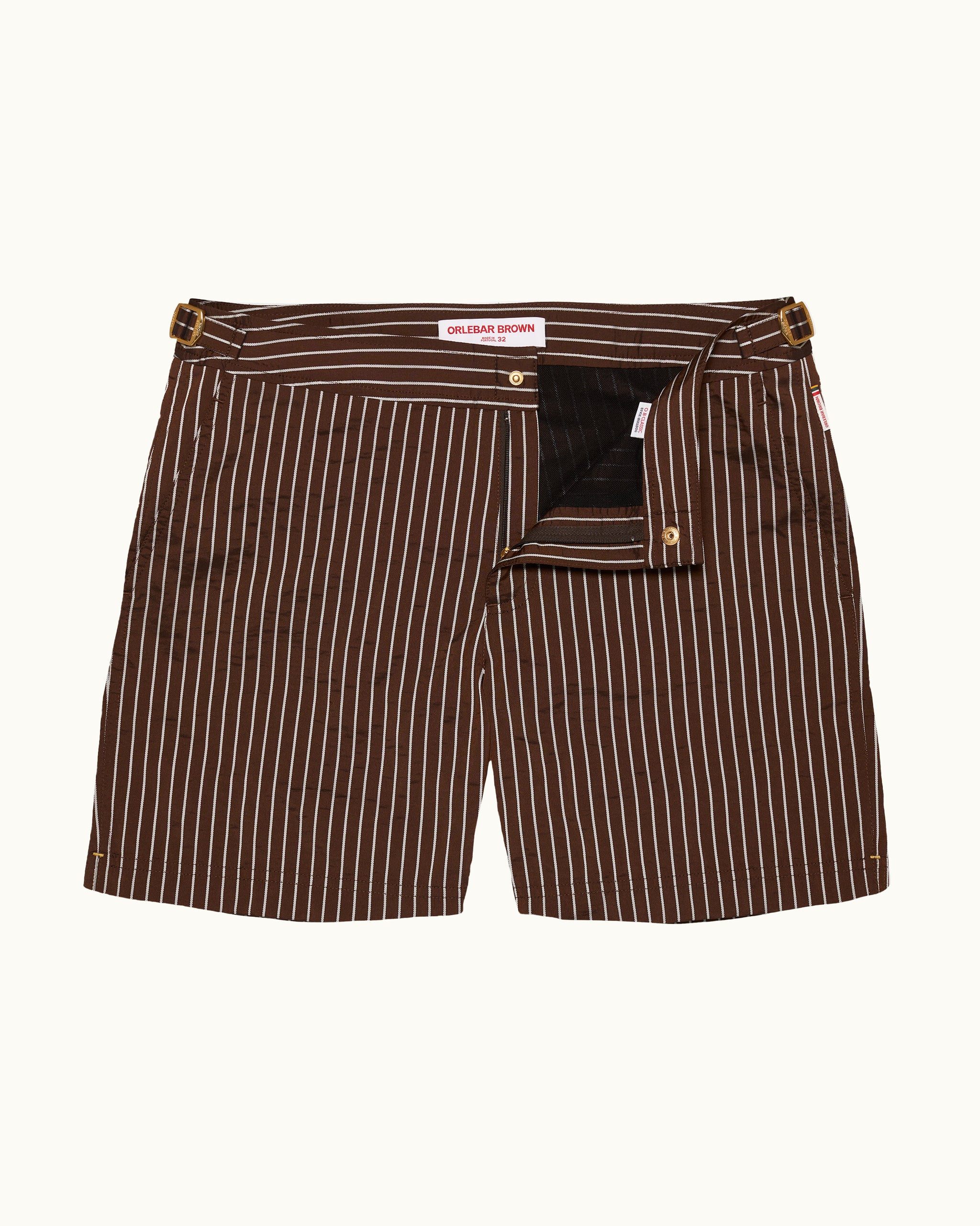 Orlebar Brown | Men's Mid-Length Classic Textured Stripe Swim Shorts in Copper Red/White Sand ...