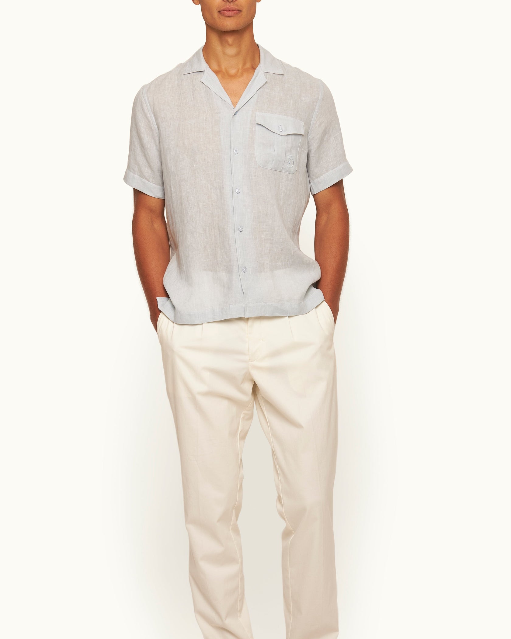 Orlebar Brown | Men's Capri Collar Scaramanga Emblem Linen Shirt in ...