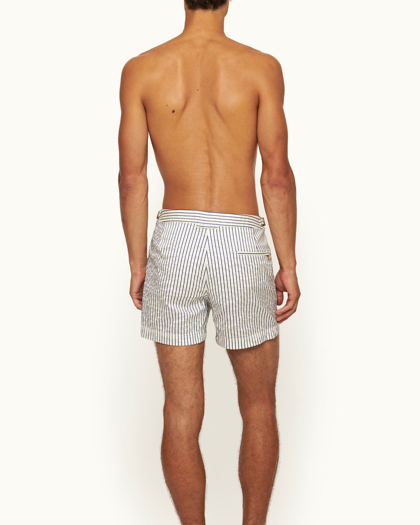 Orlebar Brown | Men's Shorter-Length Classic Textured Stripe Swim Shorts in White Sand/River ...